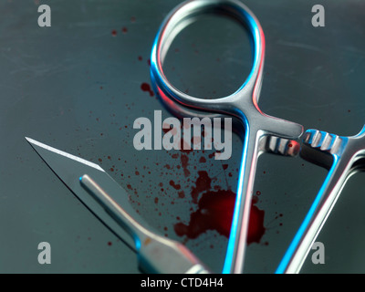 Surgery, bloody medical instruments and dirty operating room concept ...