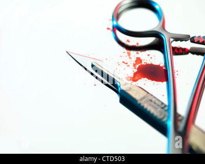 Surgery, bloody medical instruments and dirty operating room concept ...
