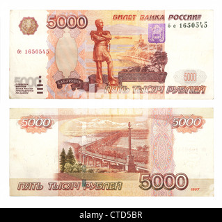 Russian 5000 rubles currency money on white background with copy space ...