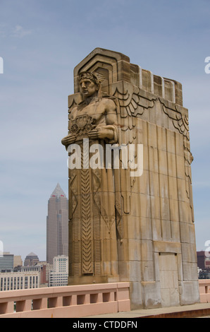 Ohio, Cleveland. The Hope Memorial Bridge. Huge Art Deco statues called ...