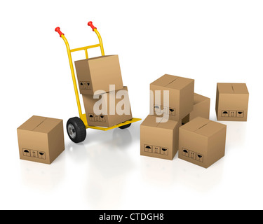 Yellow hand cart with cardboard boxes on white background Stock Photo ...