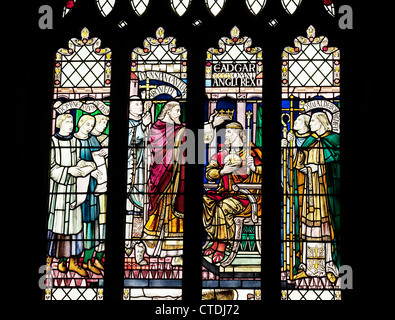 Stained glass window showing the crowning of King David in All Saints ...