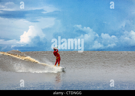 Australian surfer surfing a tidal river bore wave known locally as the ...