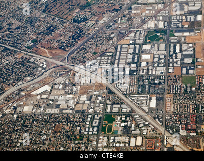 Aerial view above the junction of the 60, 91 and Interstate 215 ...