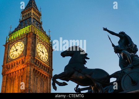Big Ben and Boadicea Statue, dusk, Westminster, London, England, United ...