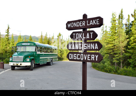 Signs indicating shuttle bus routes. Denali National Park and Wildness ...