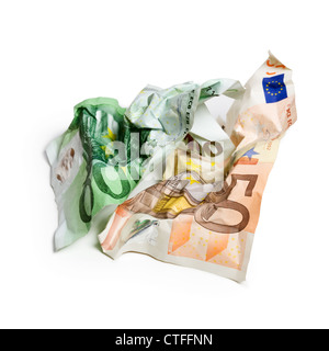 two crumpled euro banknotes isolated on white background with copy ...