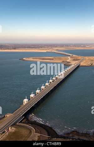 Construction storm surge barrier Oosterschelde, on the working island ...