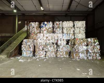Recycled paper factory. Bales of cardboard, boxes and papers prepared ...