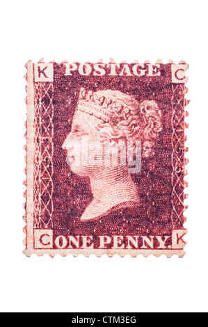 Close up of one penny, 1d, red Victorian British Postal stamp on white ...