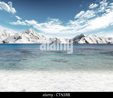 Snowfield and mountain landscape with blue sky and clouds in the ...