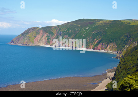 Beach at Lynton, Devon showing rocky and stony nature with steep Old ...