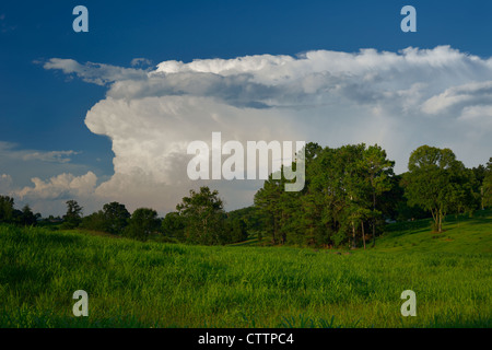 Anvil top cumulonimbus rain cloud rises above stratocumulus and rain ...