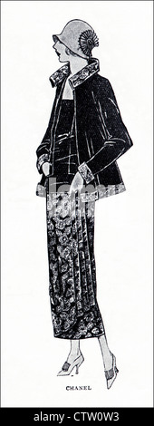 Illustration circa 1923. Paris fashions by designer CHANEL suit in ...