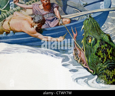 The giant Hymir fishes with Thor for the Midgard serpent Jormungandr ...