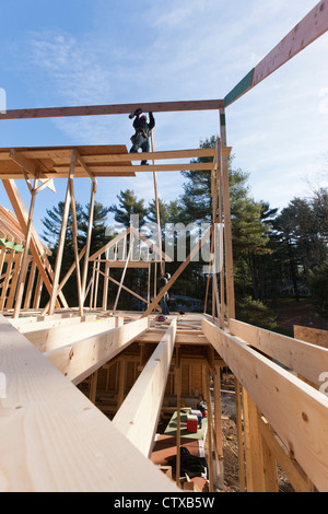 Low angle view of a carpenter nailing roof rafters Stock Photo - Alamy
