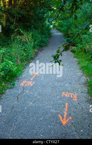 Run markings on path for Triathlon race Stock Photo - Alamy