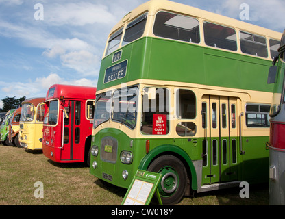 Three old British Double Decker buses sit idle along the road in Alert ...