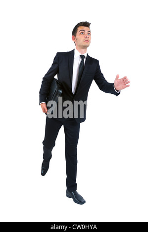 Isolated business man run with laptop Stock Photo - Alamy