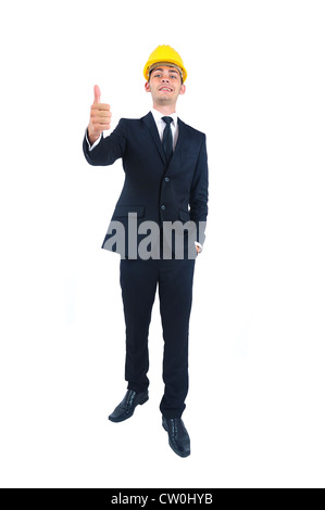 Cheerful constructor worker with success isolated on white background ...