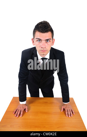 isolated angry business man with office chair in his hand above his ...