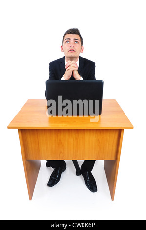 Isolated business man pray with laptop Stock Photo - Alamy