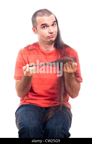 caucasian man barber hairdressing isolated on grey. man hairdressing ...