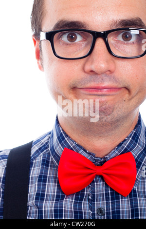 Close up of funny nerd man holding his nose, isolated on white ...