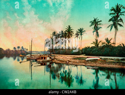 On the Miami River, Florida, 1900 - 19th century colorized postcard ...