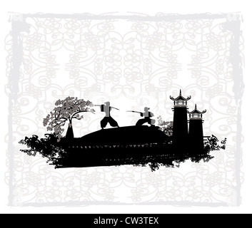 old paper with Chinese temple on abstract Asian Landscape Stock Photo ...