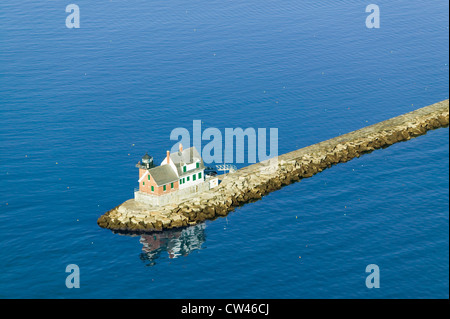 Aerial view of Rockland Lighthouse at end of jetty from the Samoset ...