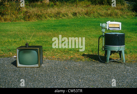 Old retro television set with rabbit ears antennae with old fashioned ...