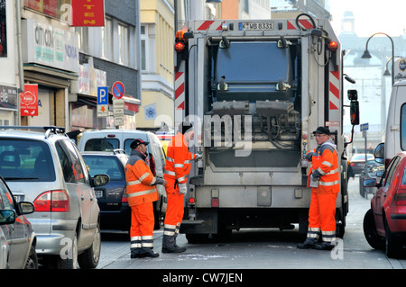 Germany, garbage collection, men, bins, emptying, garbage truck, detail ...
