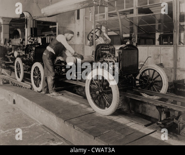 Workers on the first moving assembly line put together magnetos and ...