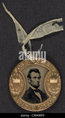 Photograph of a campaign button with portrait of Abraham Lincoln and ...