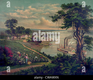 Idealized view of cotton plantation on the Mississippi River, with ...