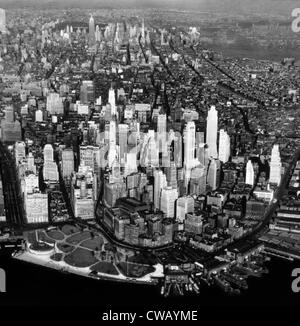 New York, New York: c. 1931 An aerial view of MIdtown Manhattan at dusk ...