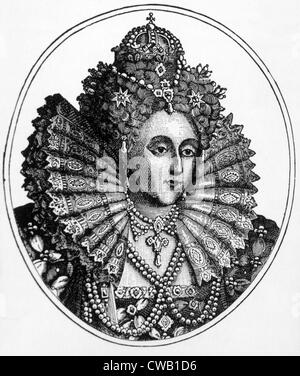 A black and white engraving of Queen Elizabeth I, holding a sceptre and ...