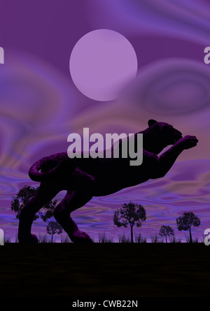 Shadow of a panther jumping under the full moon and another one running ...