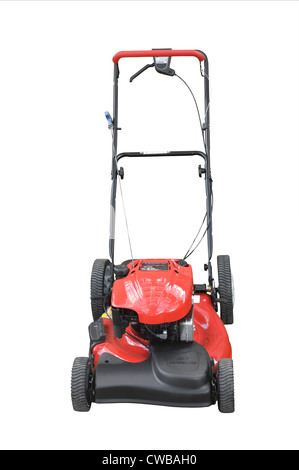 Red Lawn mower on white background Stock Photo - Alamy