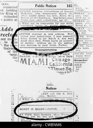 Lindbergh Baby kidnapping. Two notices in New York City newspapers ...