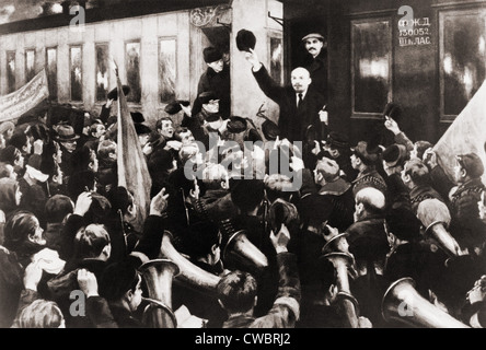 Vladimir Lenin (1870-1924), waving to crowd from train in St ...