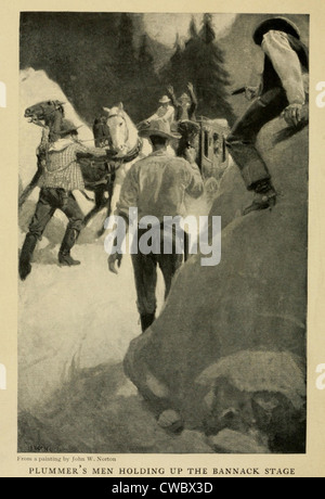 1907 illustration of Plummer's men holding up the Bannack Stage. There ...