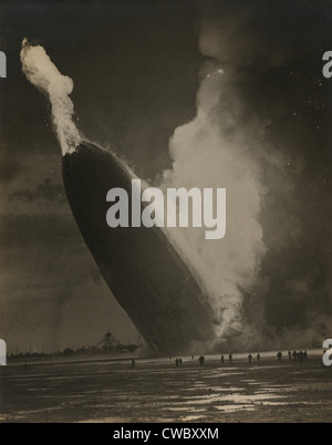 The airship Hindenburg in flames on landing at Lakehurst Naval Station ...
