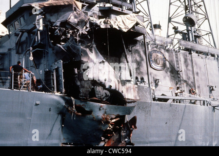 Damage sustained by the guided missile frigate USS STARK when it was ...