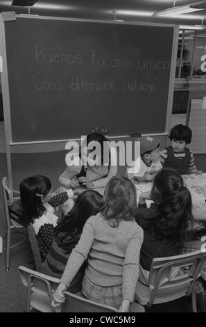 Children and their teacher in a bilingual classroom in the Washington D ...