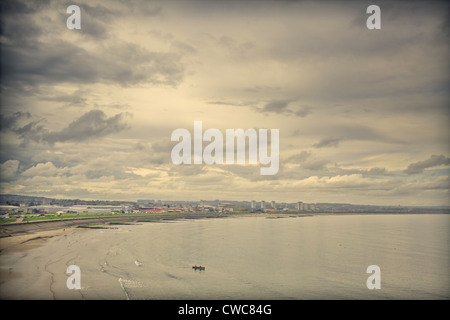 Cityscape of Aberdeen Scotland on a summer evening, as the ferry leaves ...