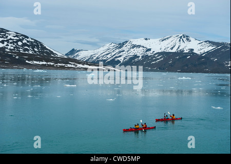 Kayaking at Monaco glacier, Woodfjorden, Spitsbergen, Svalbard, Arctic ...