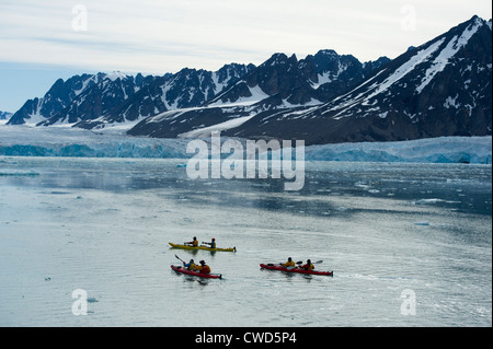 Kayaking at Monaco glacier, Woodfjorden, Spitsbergen, Svalbard, Arctic ...