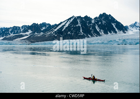 Kayaking at Monaco glacier, Woodfjorden, Spitsbergen, Svalbard, Arctic ...